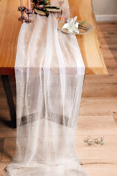 Sheer White Tulle Pearl embroidered Table Overlay – Arcadia Designs